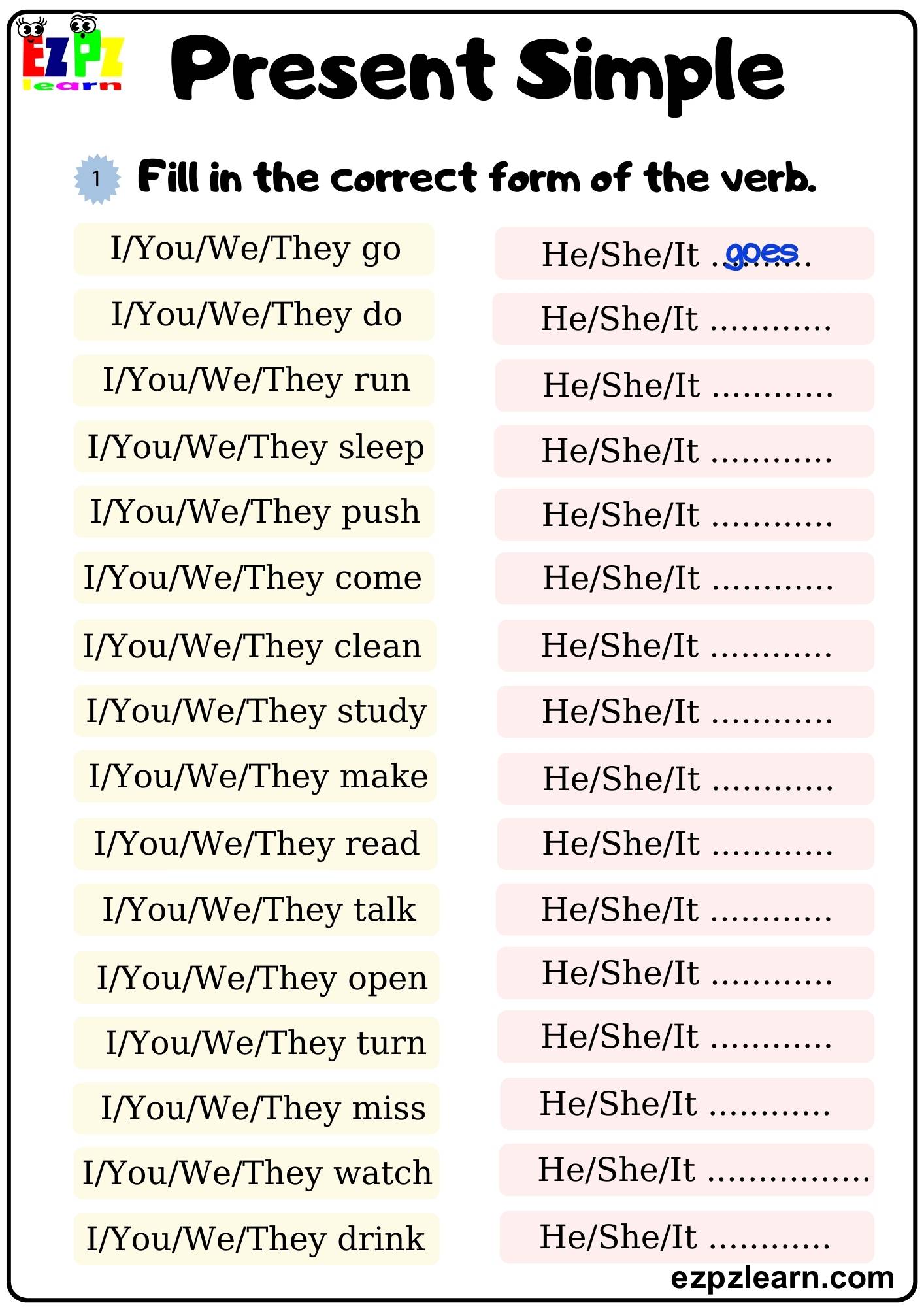 Present Simple Fill in the Correct Form of the Verb for He, She and It Book 1 pdf - Ezpzlearn.com